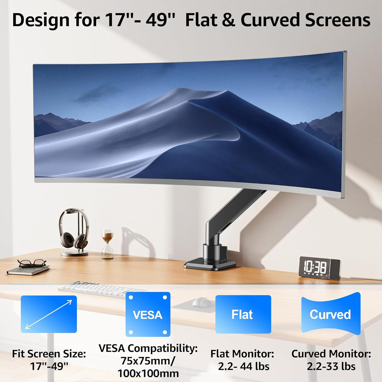 MOUNTUP Heavy Duty Monitor Arm for 49 inches, 44 lbs Curved Screens MU