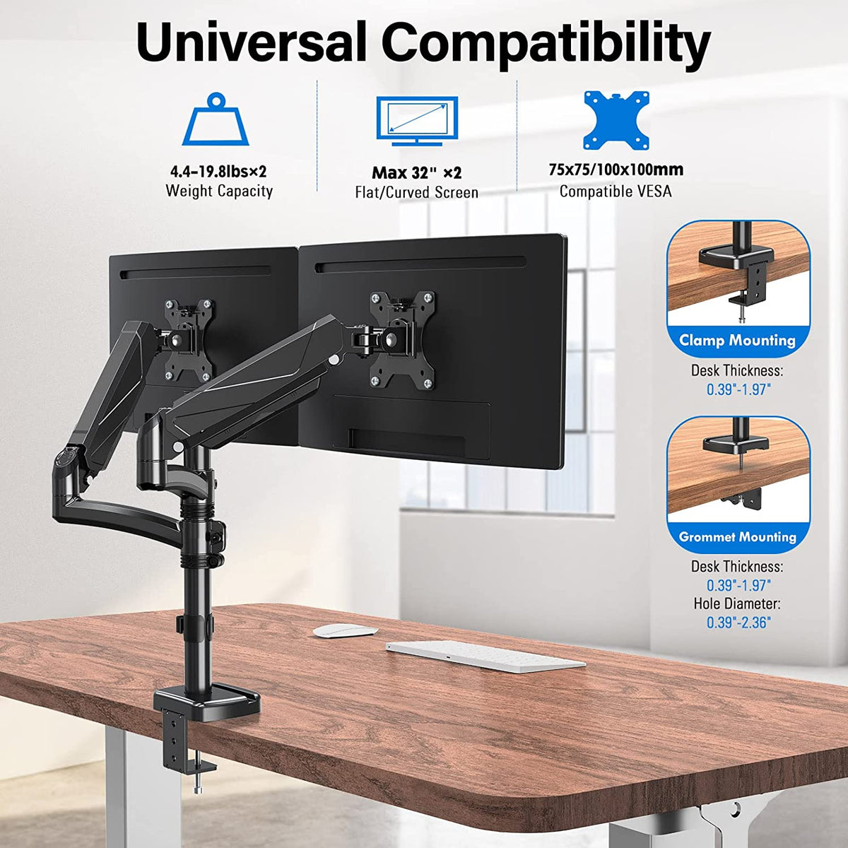 Height Adjustable Dual Monitor Stand Desk Mount for Two Monitors 32 ...