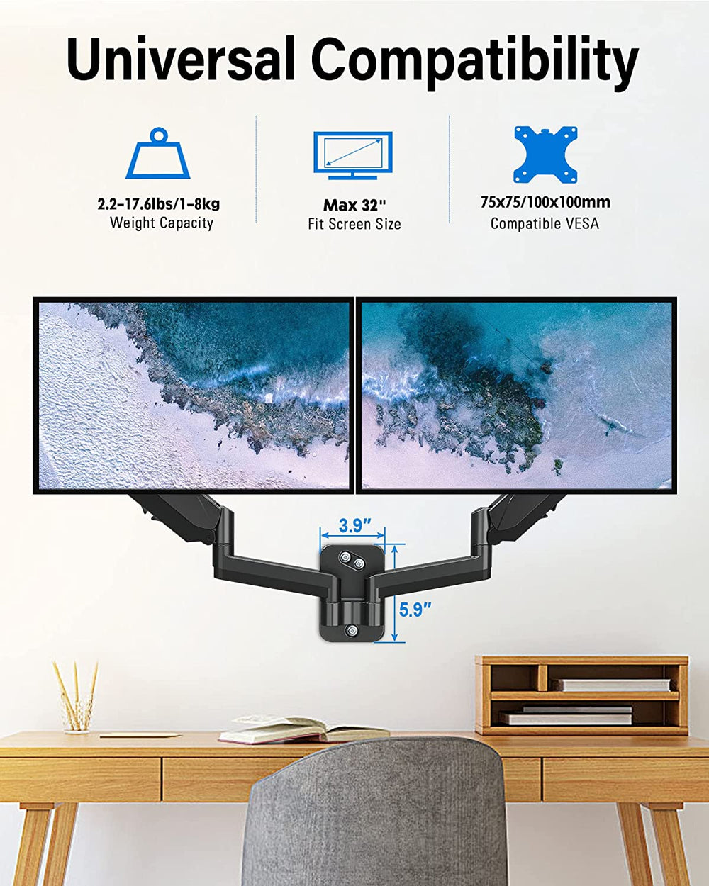 Dual Monitor Wall Mount Black for Two Monitors Max 32 inch - MOUNTUP